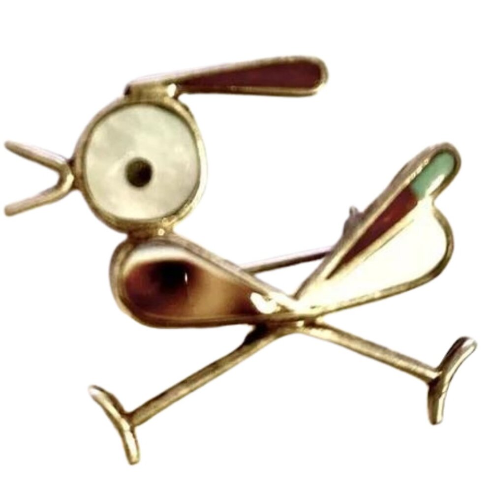 Zuni Roadrunner Shell Inlay Pin Brooch Necklace Vinta… - Gem